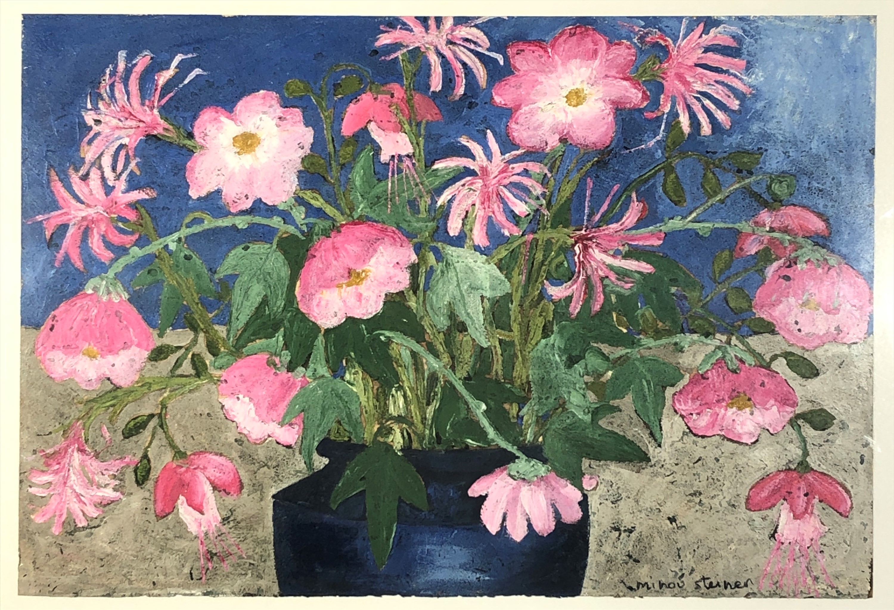 Minou STEINER (1908 - 2008) 'Pink Flower' Oil on paper Signed 38cm x 55.5cm