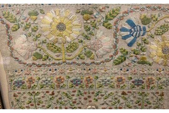 A late 17th century needlework band sampler, the central band depicting ...