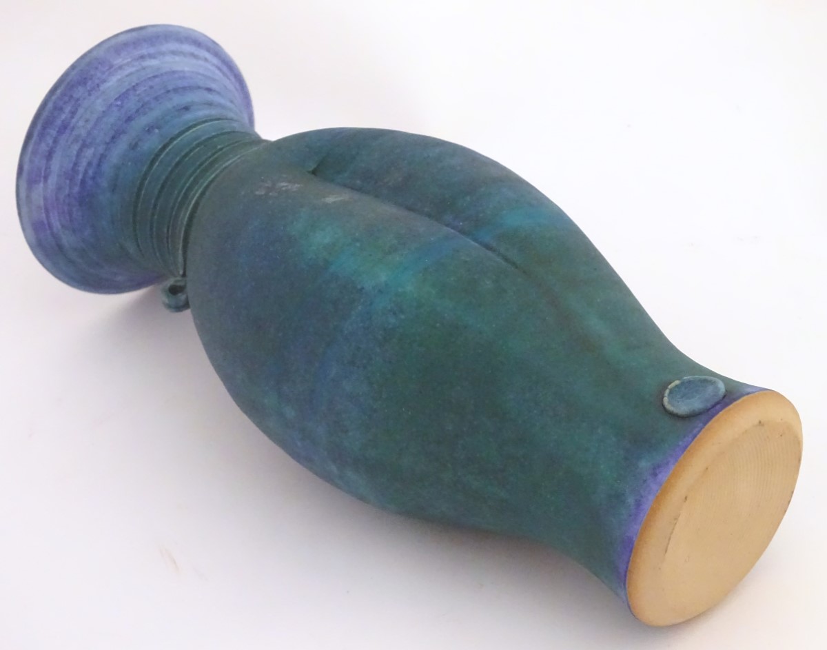 A 20thC studio pottery barium glaze vase by Simon Shaw, with a bulbous ...