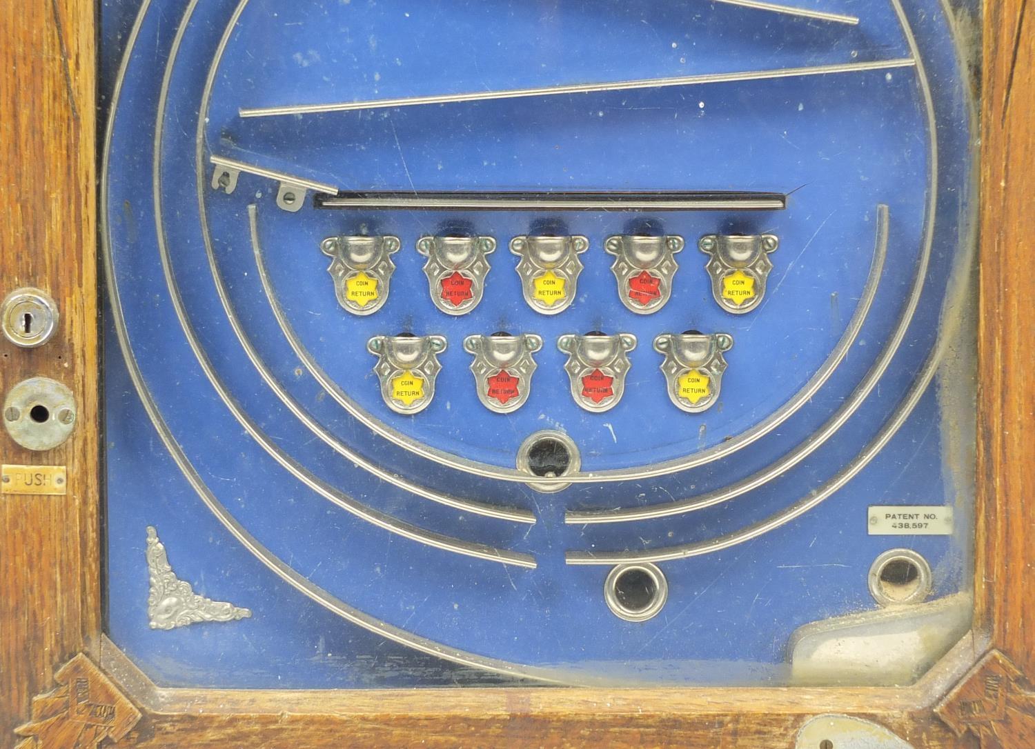 1920's oak cased penny pinball slot machine, 83cm H x 55.4cm W x 21.5cm ...
