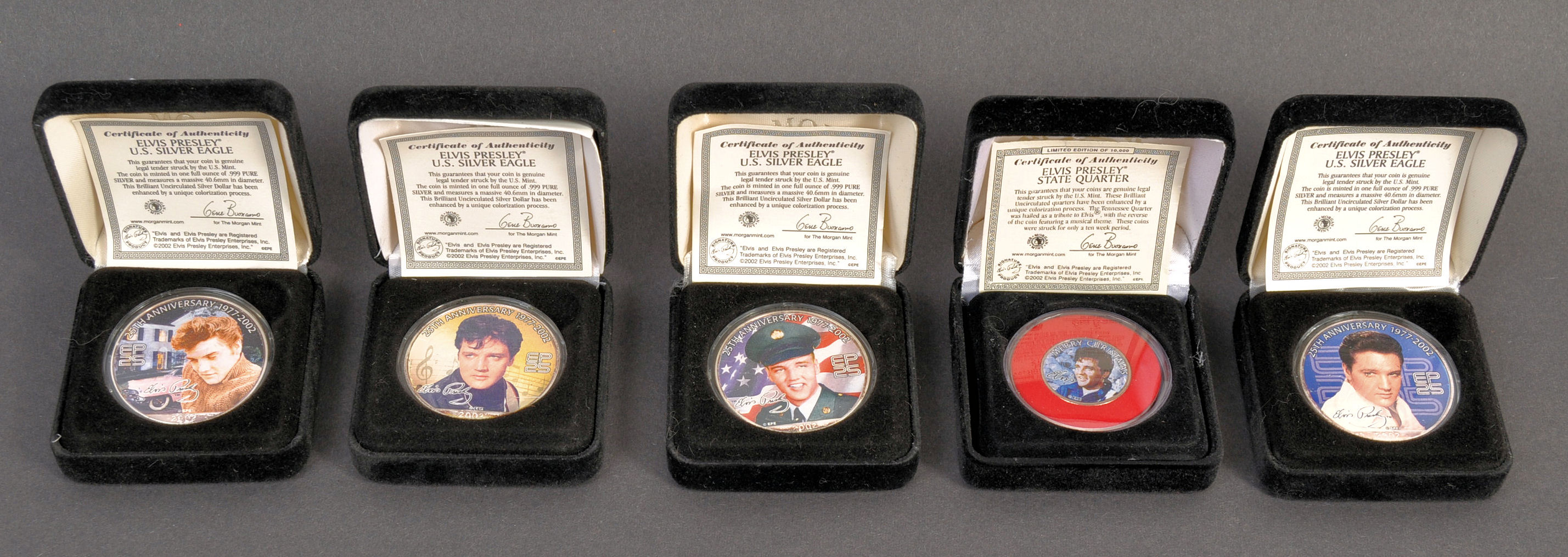 A collection of 5x The Morgan Mint Elvis Presley .999 fine silver eagle ...