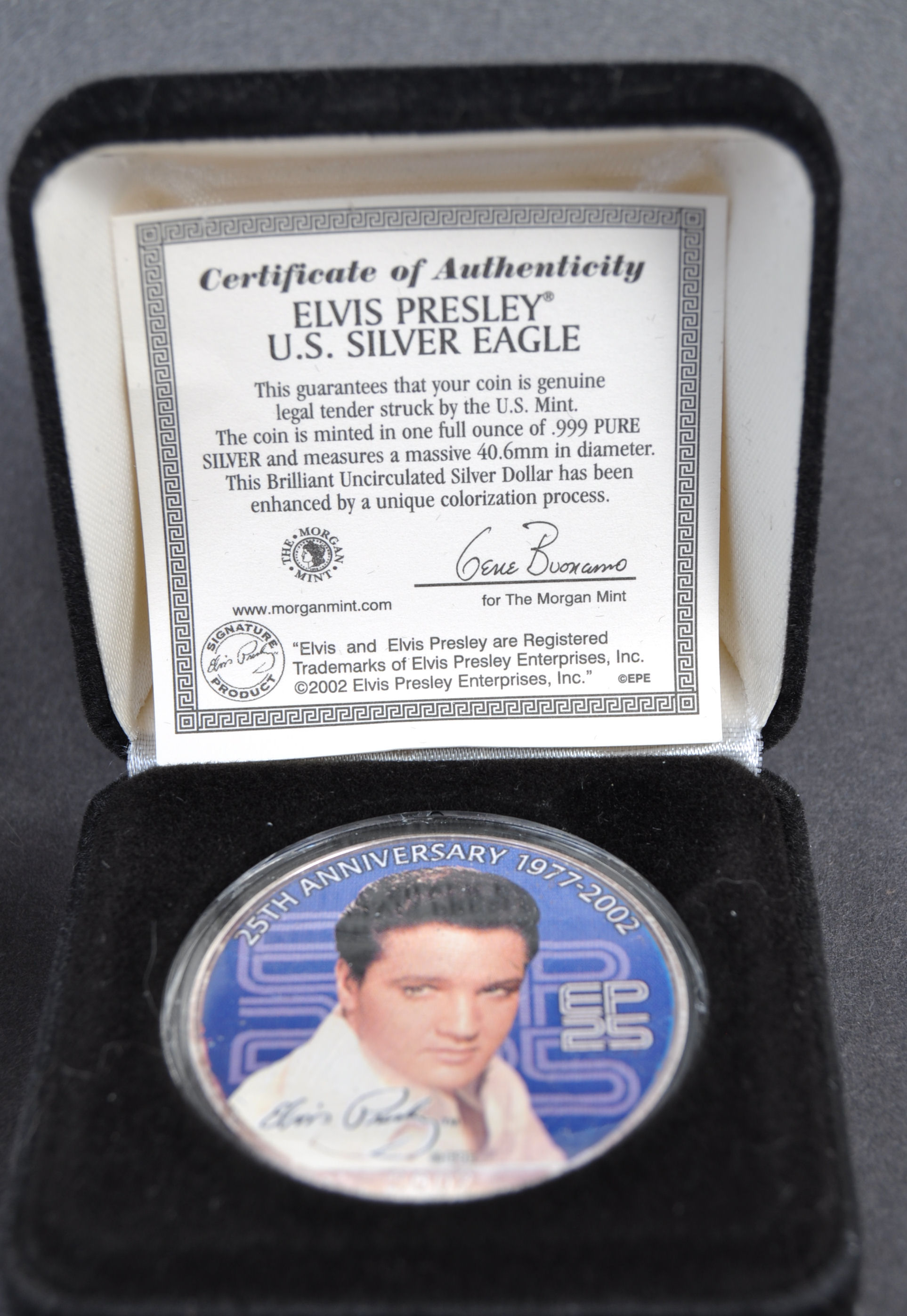 A collection of 5x The Morgan Mint Elvis Presley .999 fine silver eagle ...