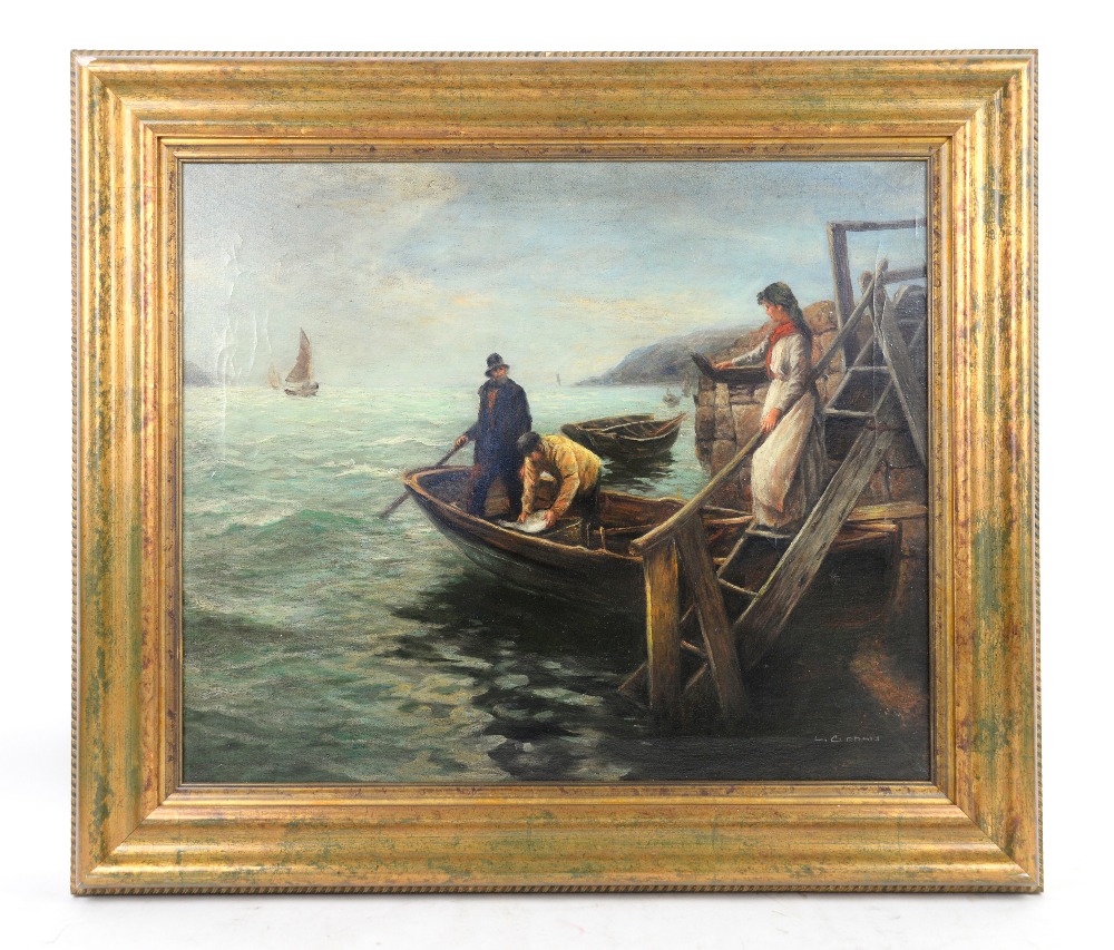 L. Curran, harbour scene with lady on steps and two men on a boat ...