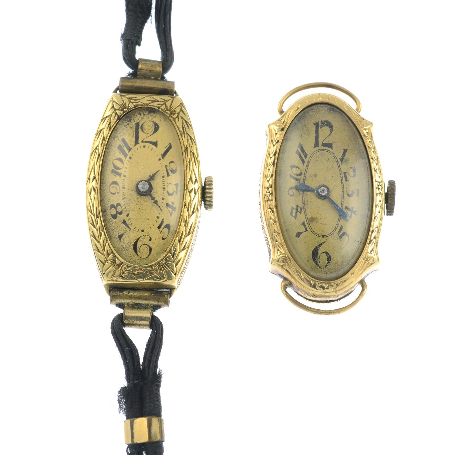 Two ladies watch heads, one with a fabric strap. Each stamped 14K ...