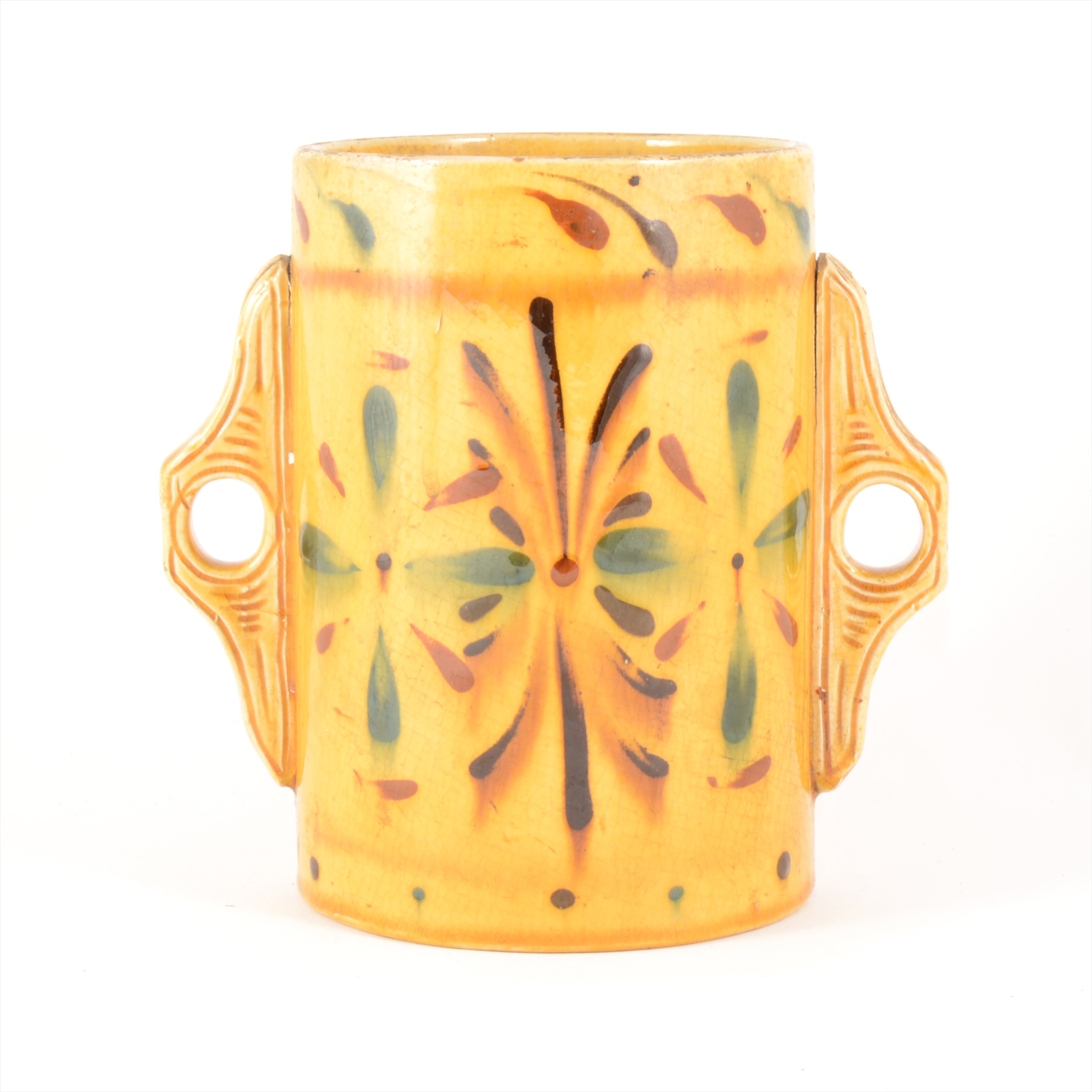 A 19th Century slipware loving cup, cylindrical body, with verse to one ...