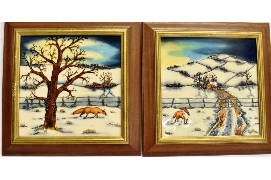 A PAIR OF MOORCROFT POTTERY TILES decorated in the 'Woodside Farm ...