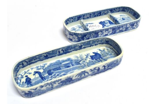 TWO SPODE PEN TRAYS one transfer printed in the 'Tower' pattern, the ...