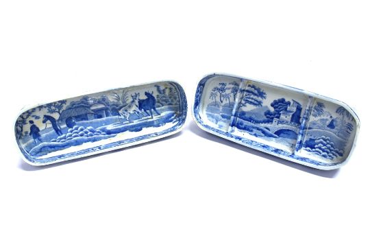 TWO SPODE PEN TRAYS one transfer printed in the 'Tower' pattern, the ...
