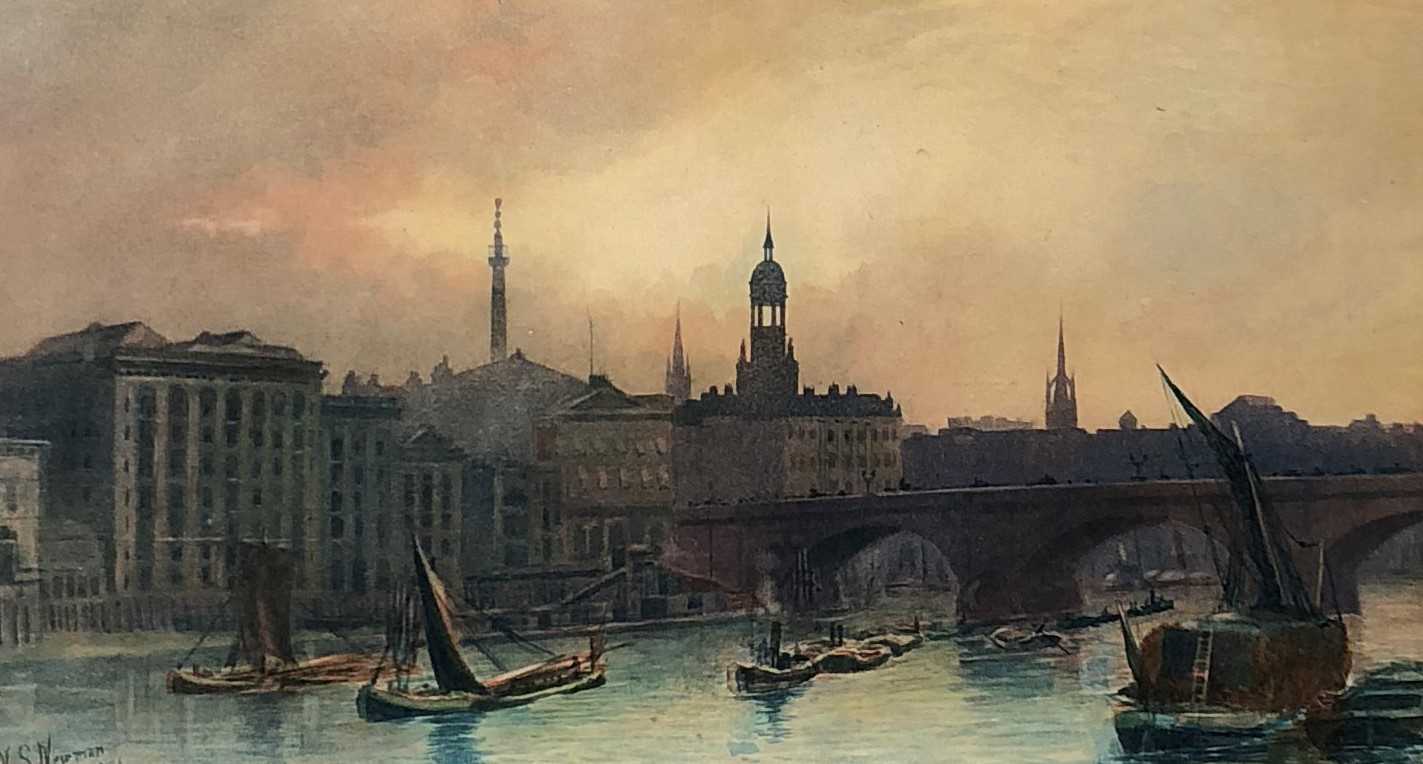 W S Newman, View of the Thames, London, signed, watercolour, 24 x 42cm