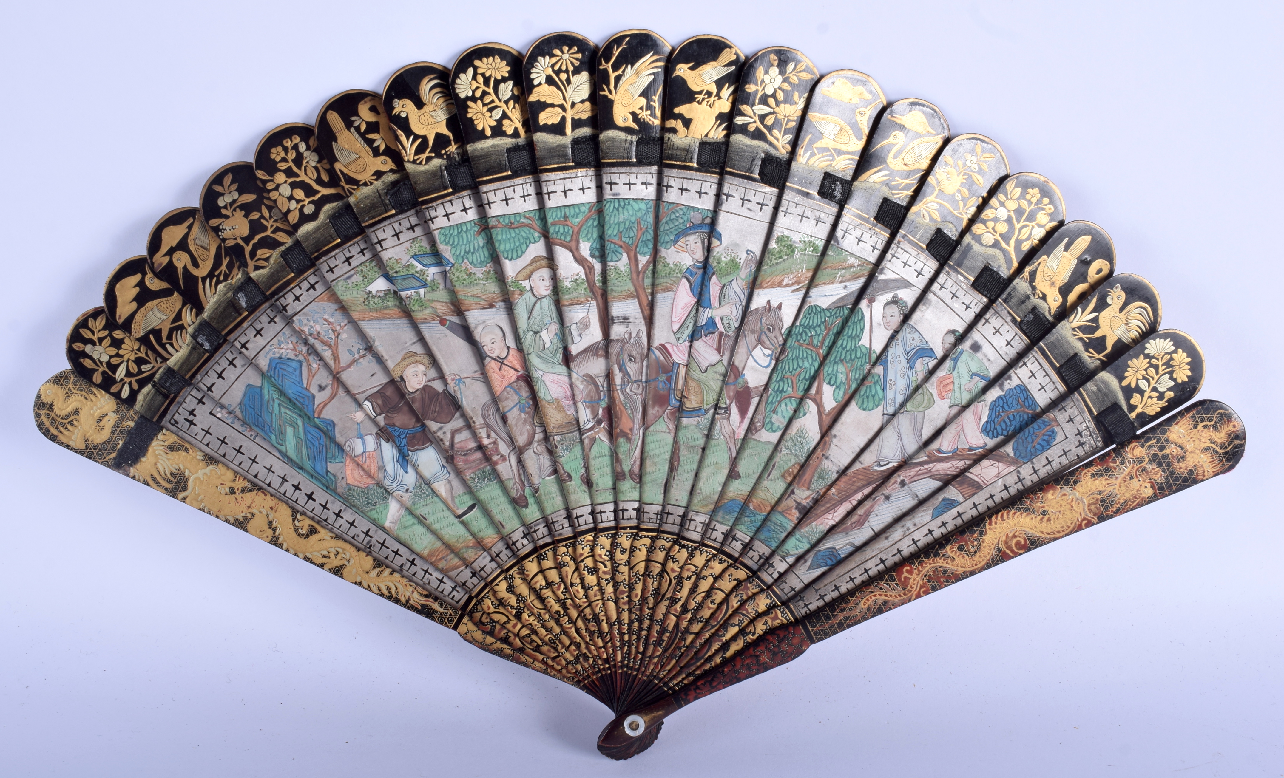 A FINE 18TH CENTURY CHINESE EXPORT BLACK LACQUER FAN Qianlong, painted ...