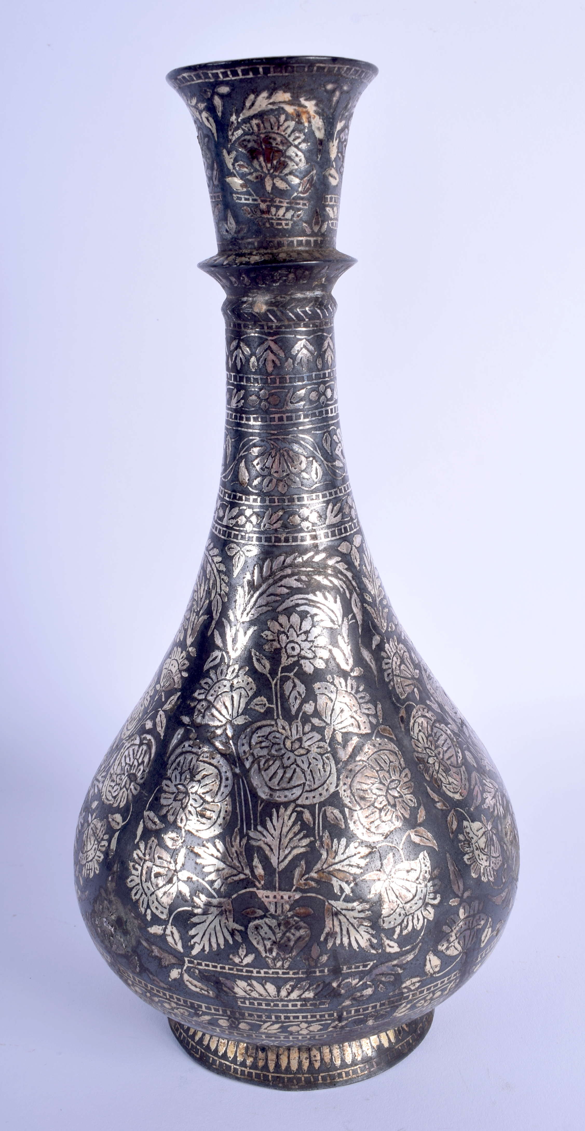 A 19TH CENTURY INDIAN SILVER INLAID BIDRI WARE VASE decorated with ...