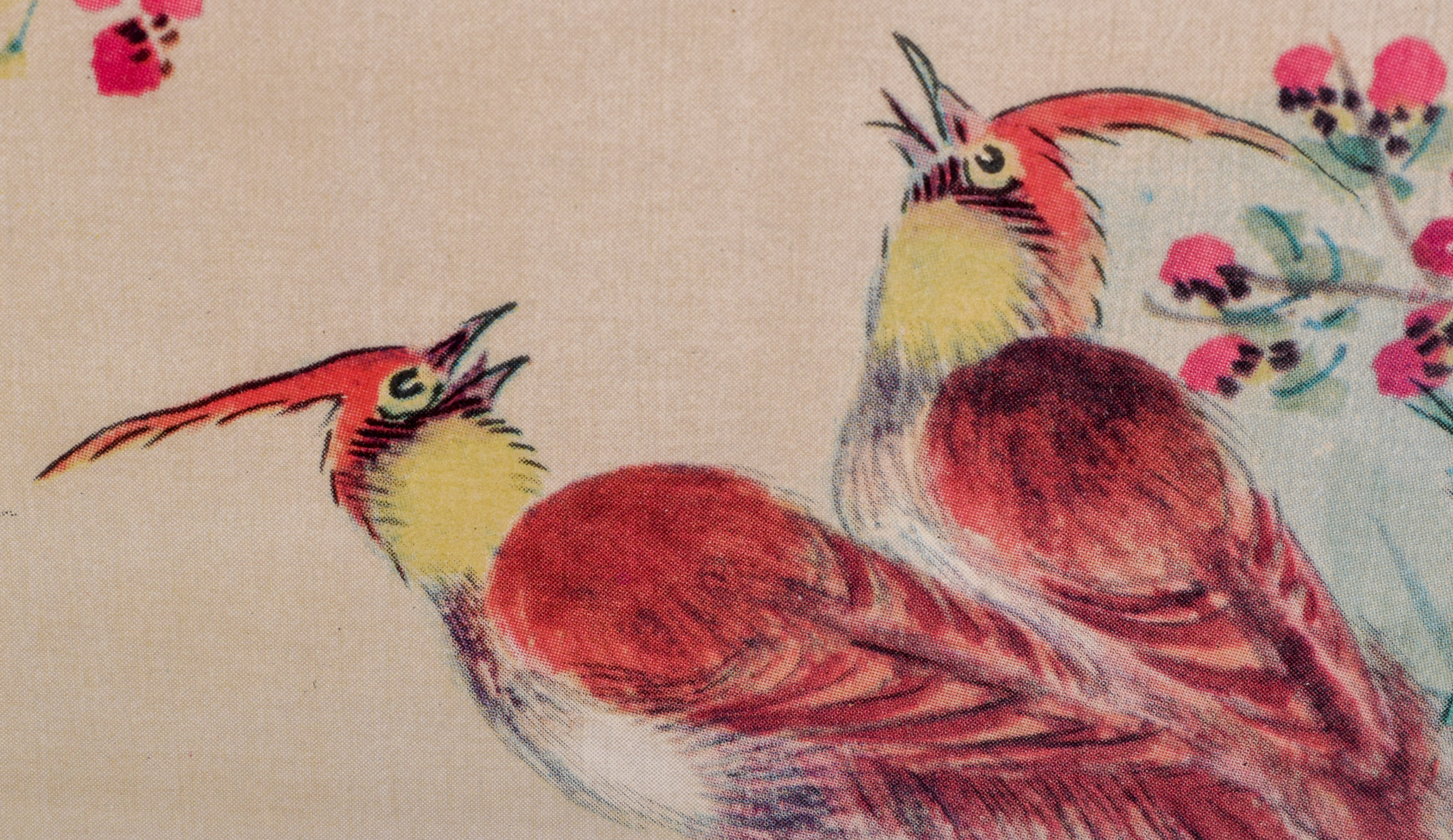 A FRAMED PAIR OF CHINESE PRINTS, depicting birds in foliage. 95 cm x 29 ...