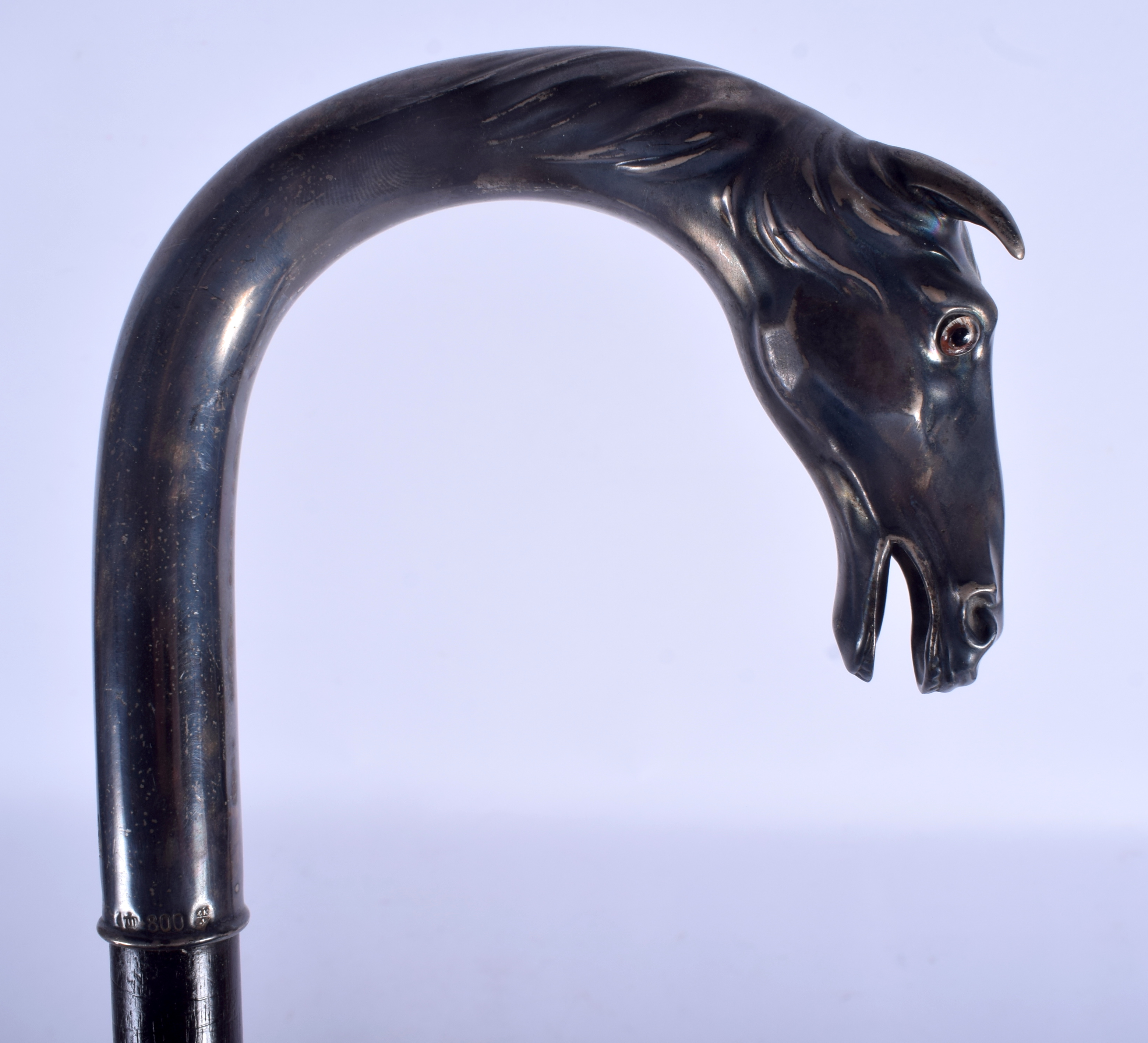AN ANTIQUE CONTINENTAL SILVER HORSE HEAD WALKING CANE possibly Russian ...