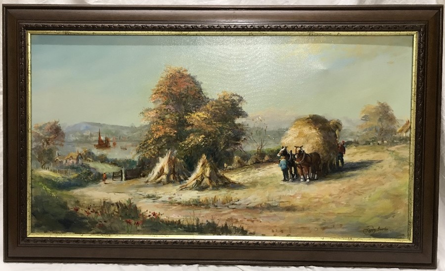 A framed oil painting on canvas signed Terry Burke, country scene ...