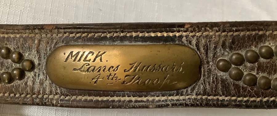 A brass studded dog collar with brass plaque for Mick, Lancs Hussars ...