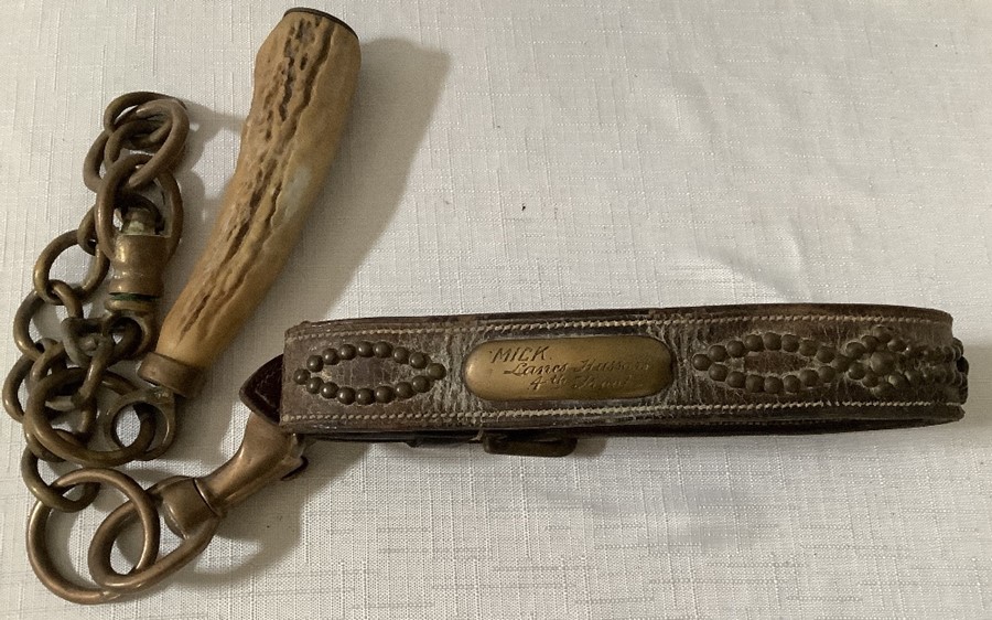 A brass studded dog collar with brass plaque for Mick, Lancs Hussars ...