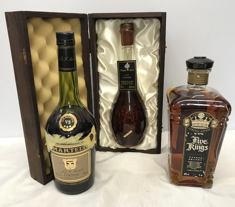 Three bottles of spirts, Martell Cognac 68cl, Keo Five Kings Cyprus ...