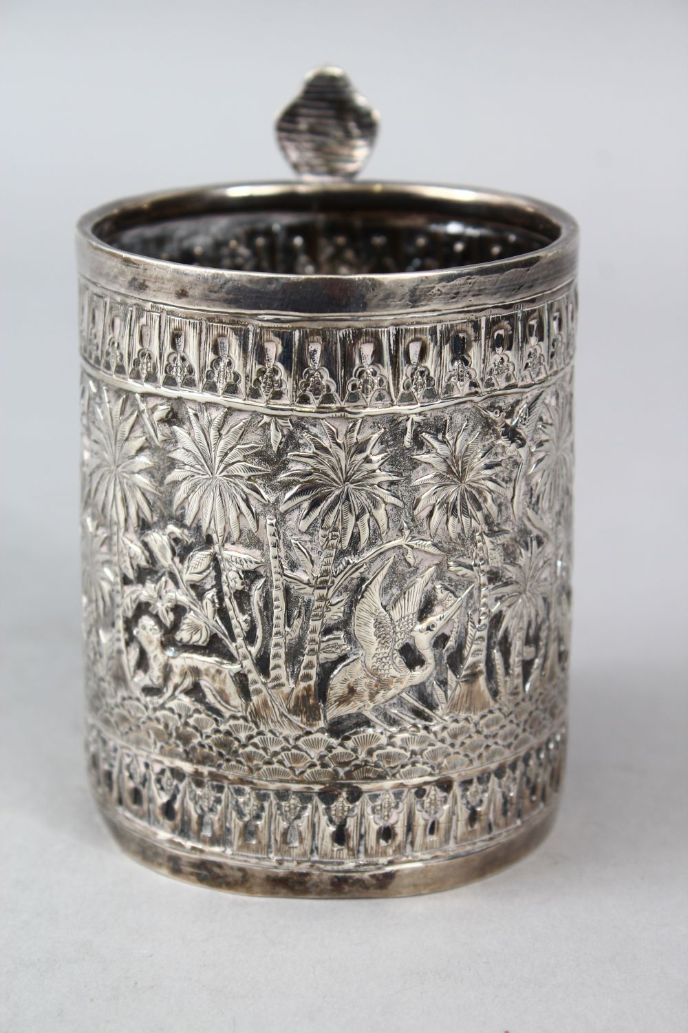 A 19TH CENTURY INDIAN KASHMIR SILVER BEAKER / CUP, with embossed ...