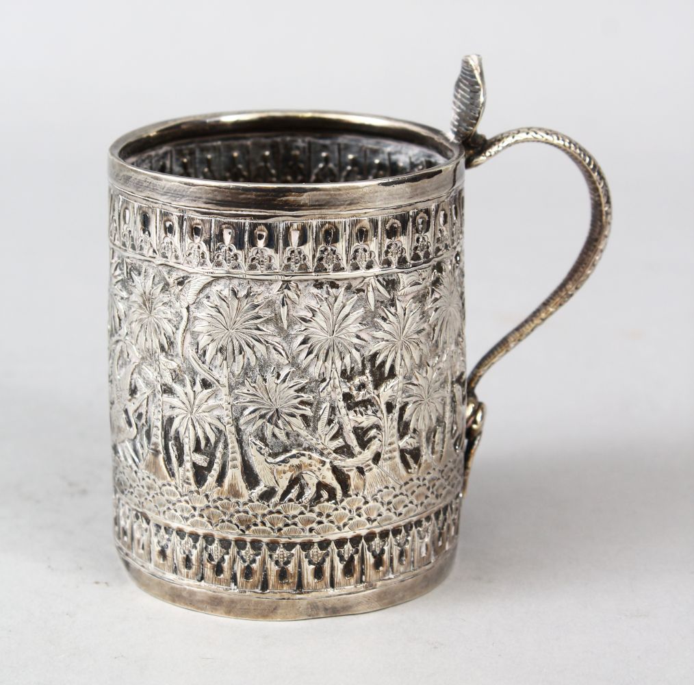 A 19TH CENTURY INDIAN KASHMIR SILVER BEAKER / CUP, with embossed ...