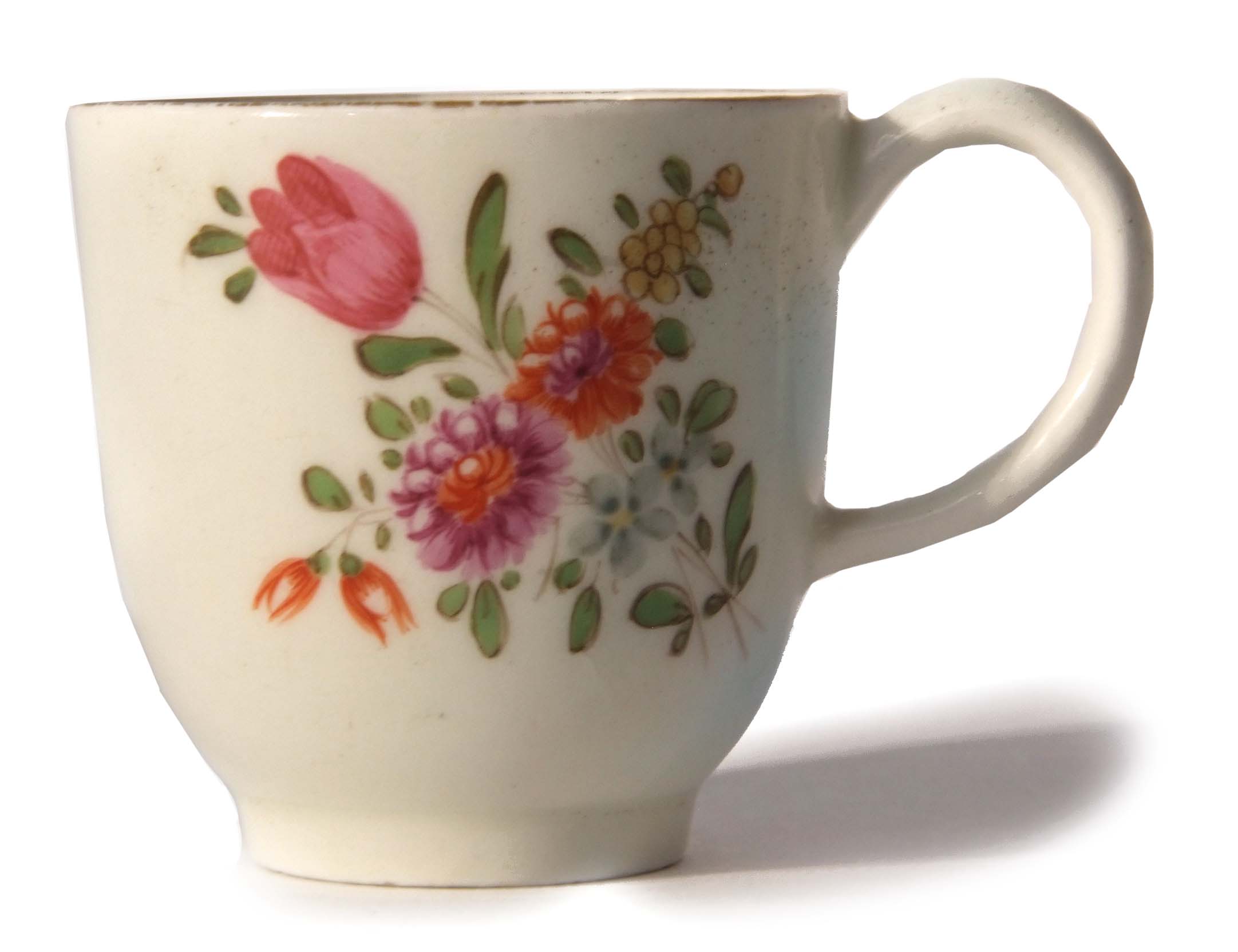 Lowestoft porcelain coffee cup circa 1775, with a tulip painter type ...