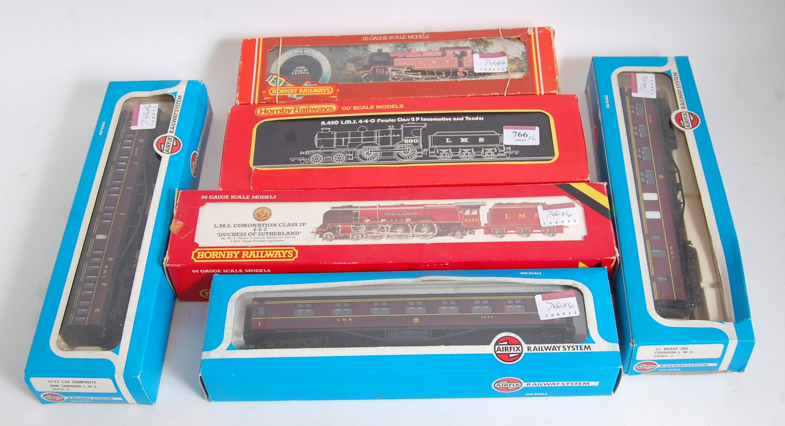 Hornby R450 LMS black 4-4-0 engine and tender (G-BF), R055 LMS red 2-6 ...