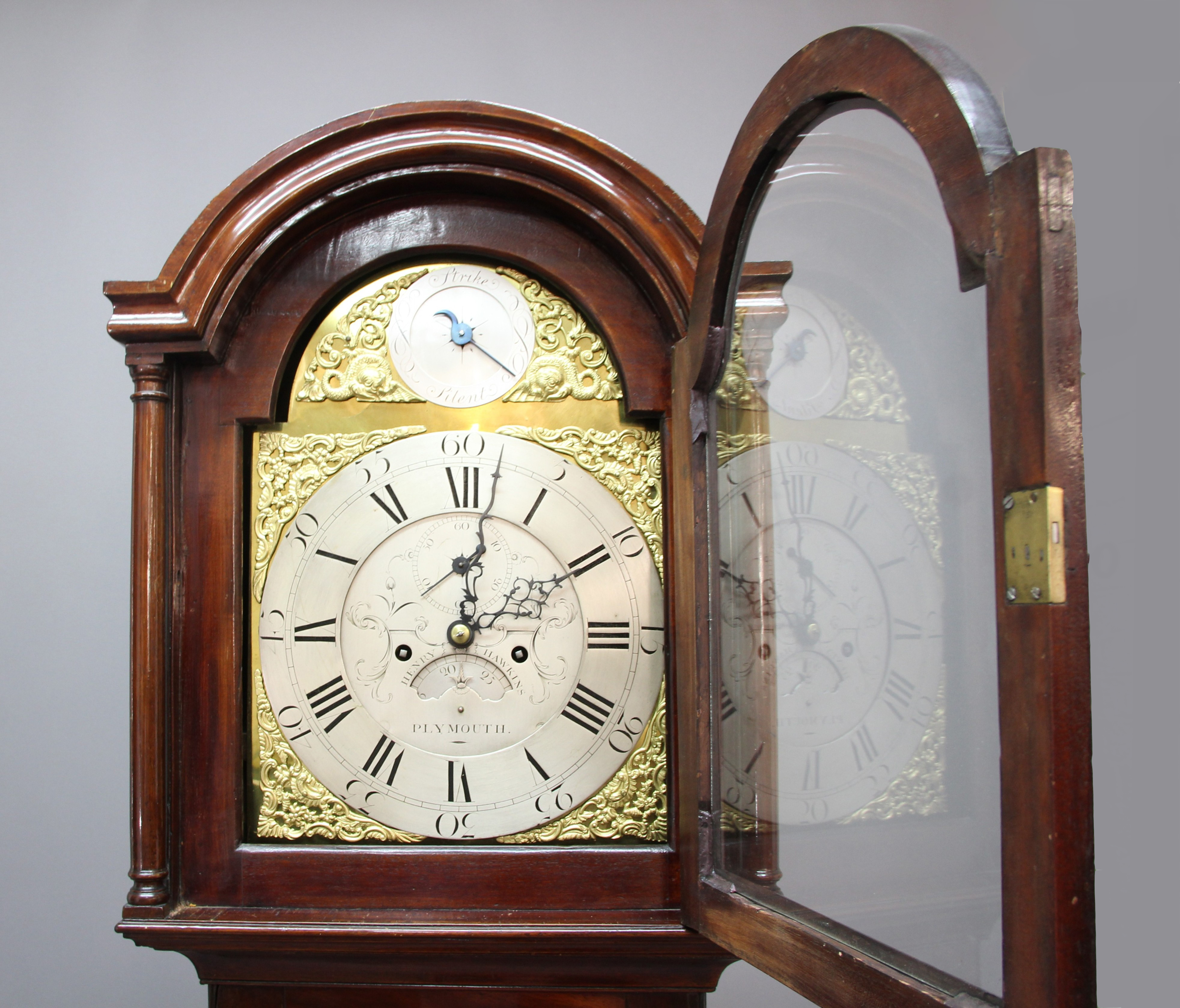MAHOGANY LONGCASE CLOCK, the brass dial with an 11 1/4" silvered ...