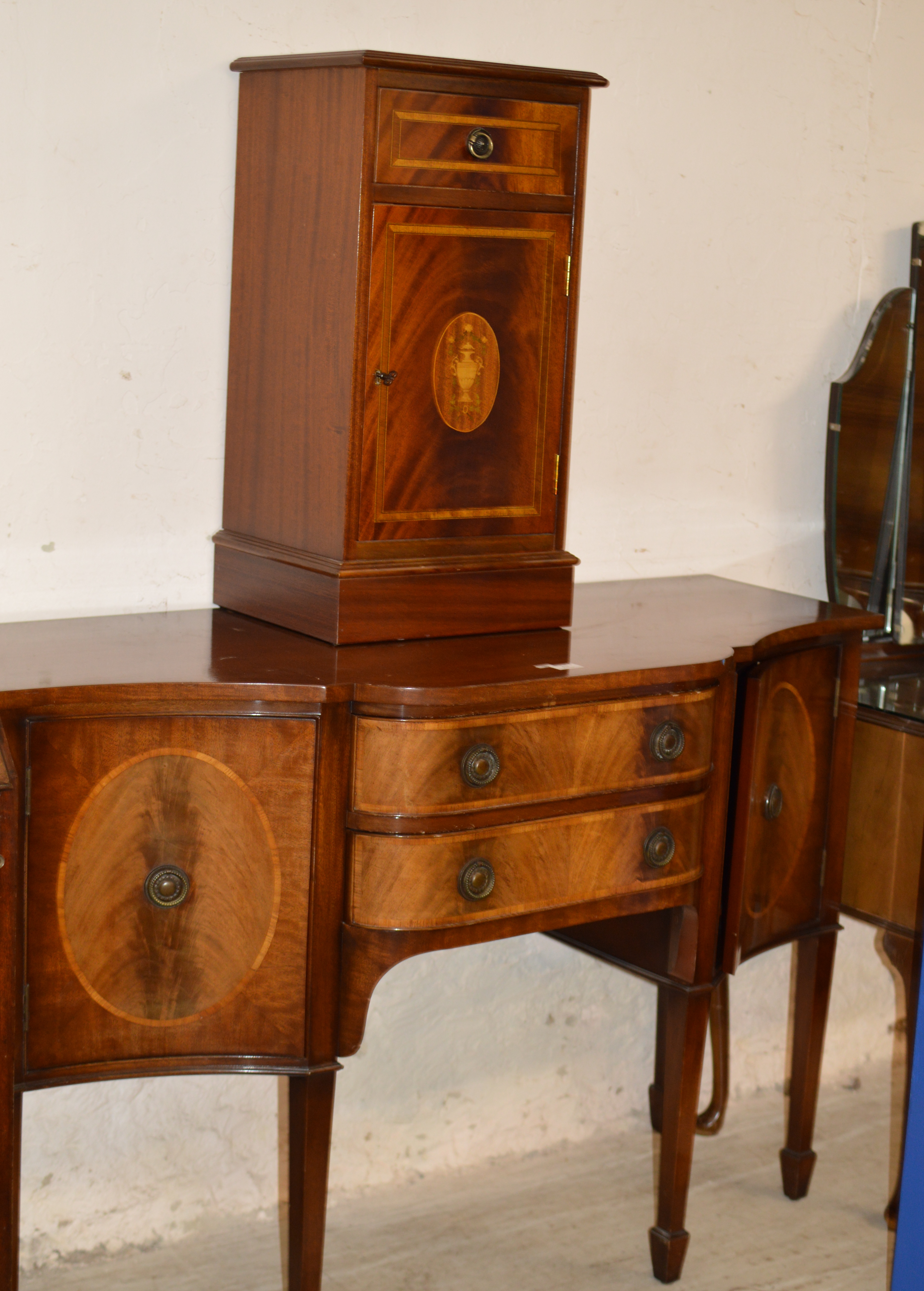 REPRODUCTION INLAID MAHOGANY SIDEBOARD WITH SIMILAR POT CUPBOARD
