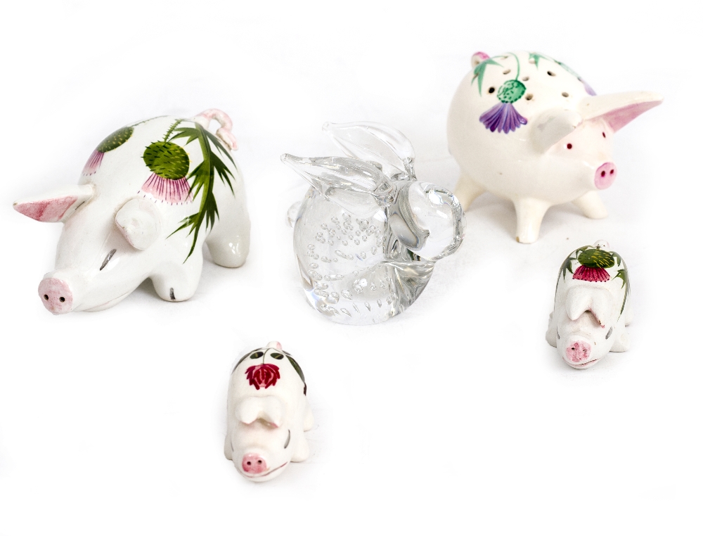 A GROUP OF FOUR DECORATIVE PLICHTA POTTERY PIGS decorated with thistles ...
