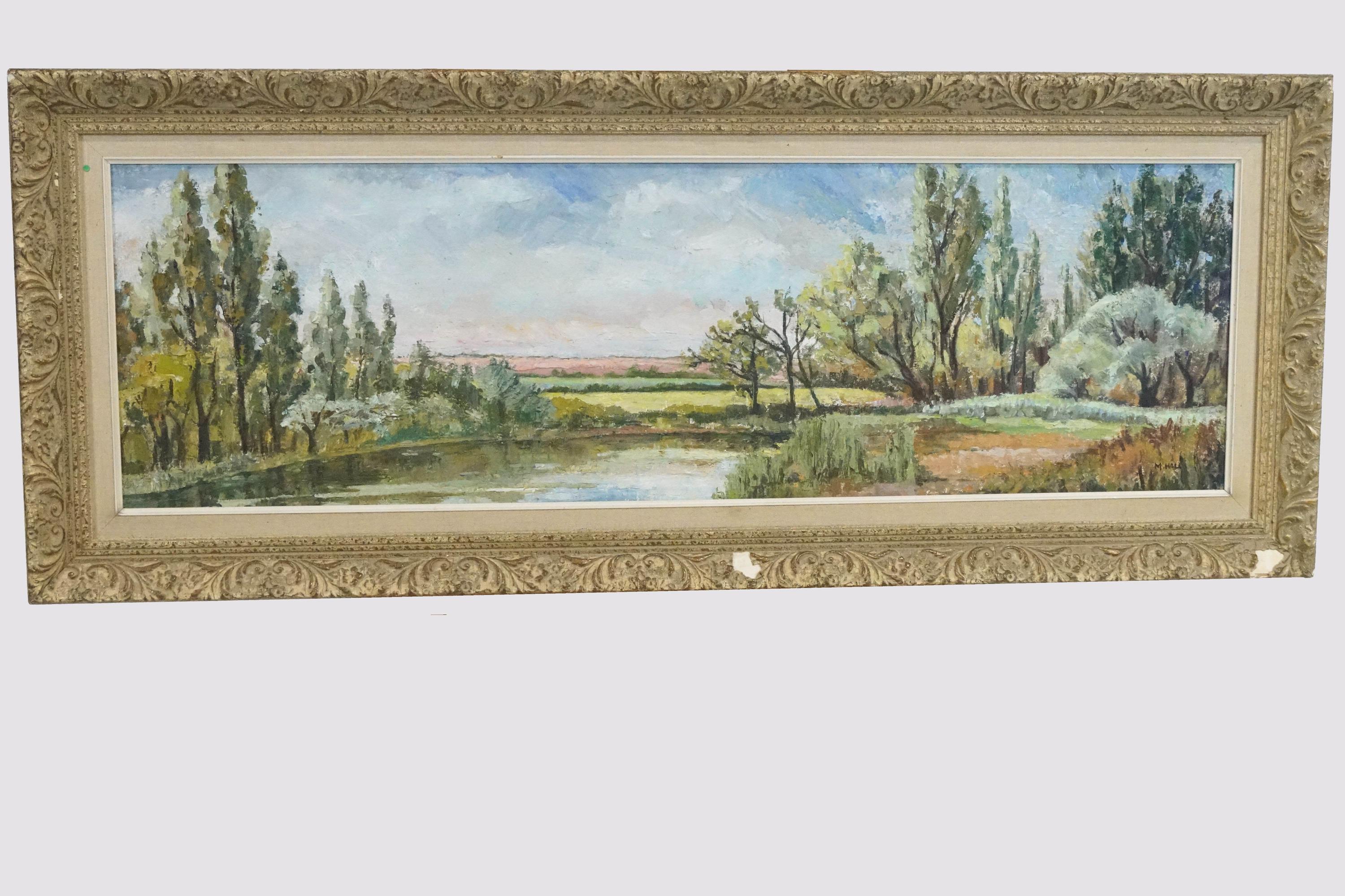M Hall, landscapes, oil on board, signed lower right, 29cm x 94.5cm