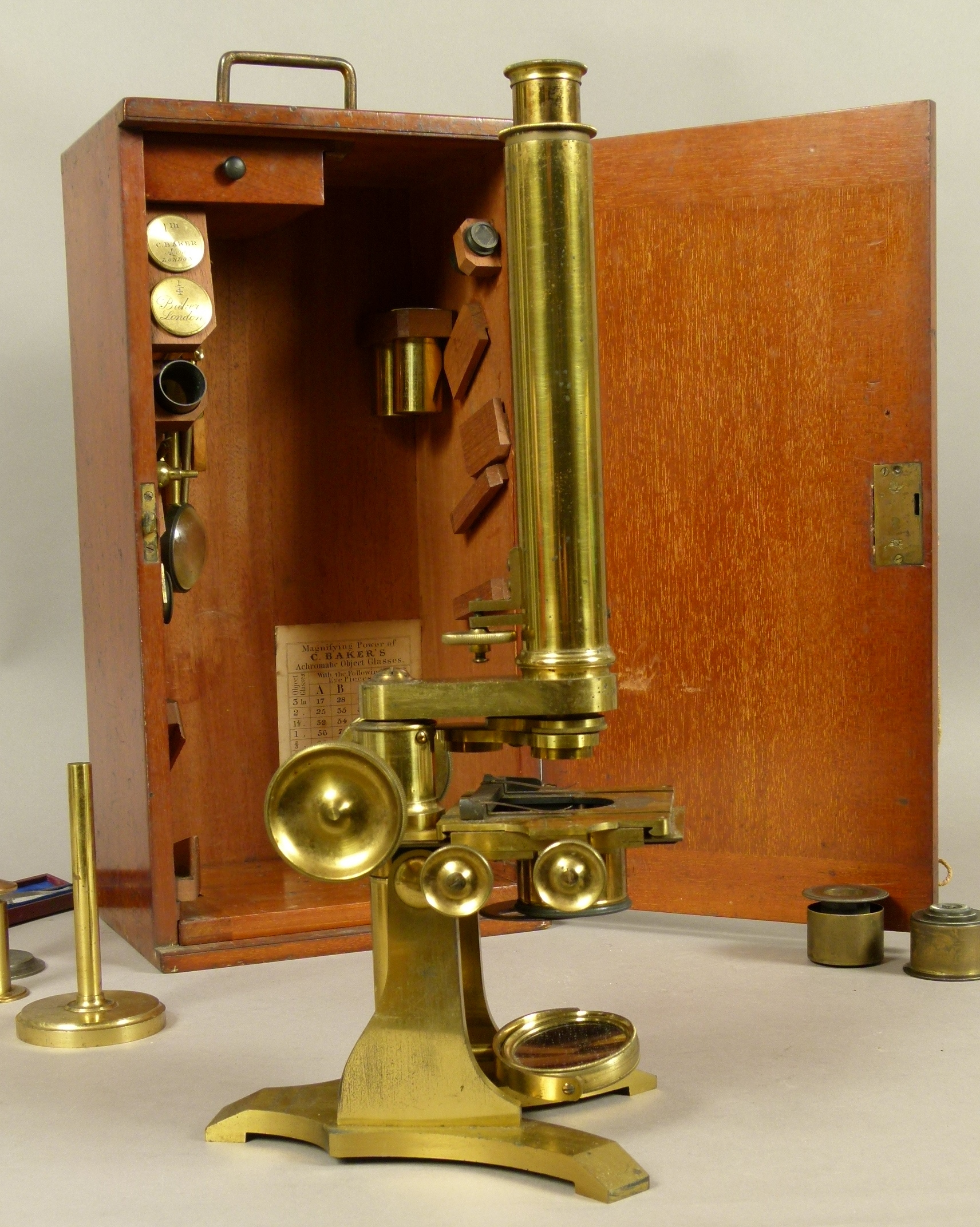 A 19TH CENTURY BRASS MICROSCOPE BY C. BAKER OF LONDON, complete with ...