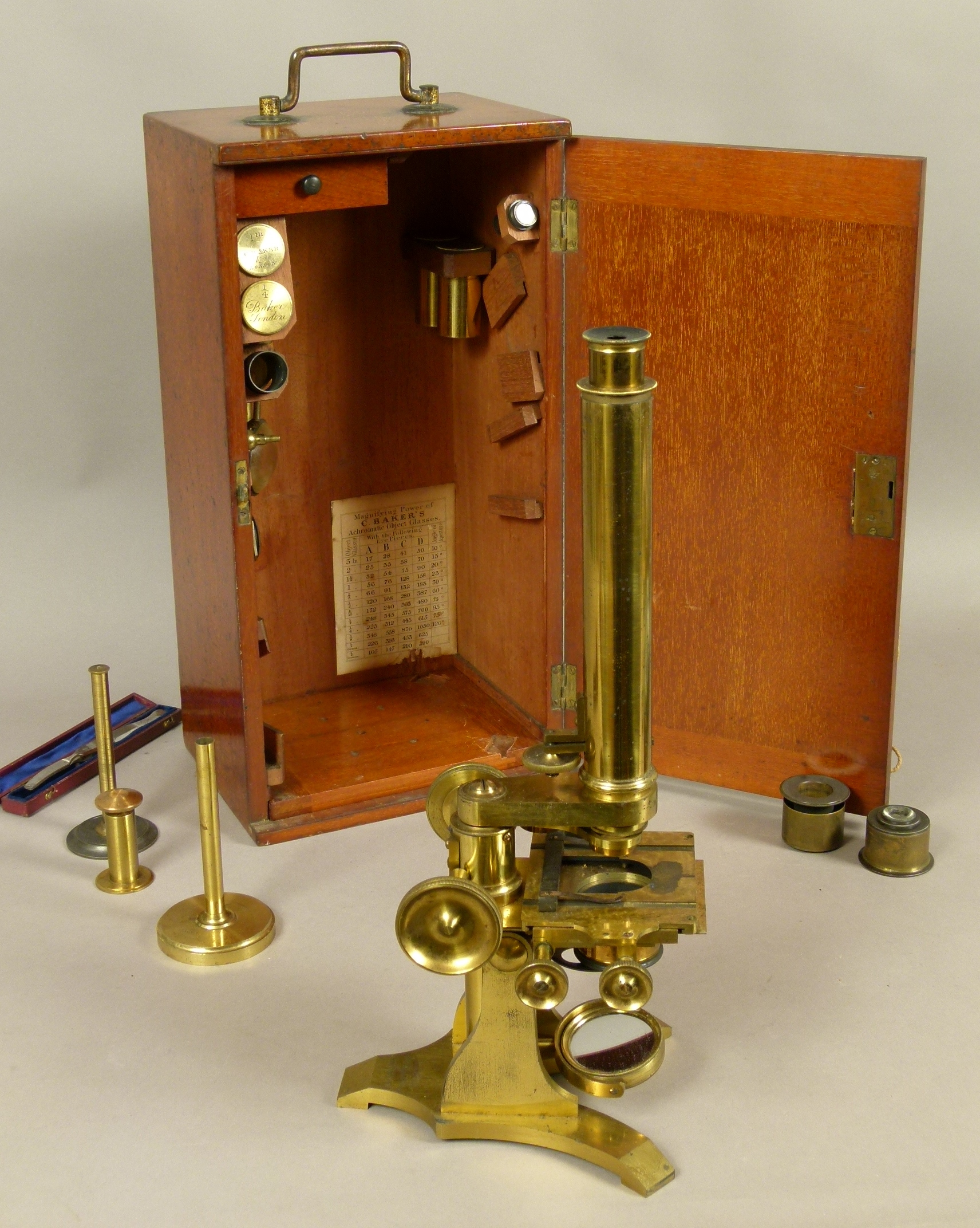 A 19TH CENTURY BRASS MICROSCOPE BY C. BAKER OF LONDON, complete with ...