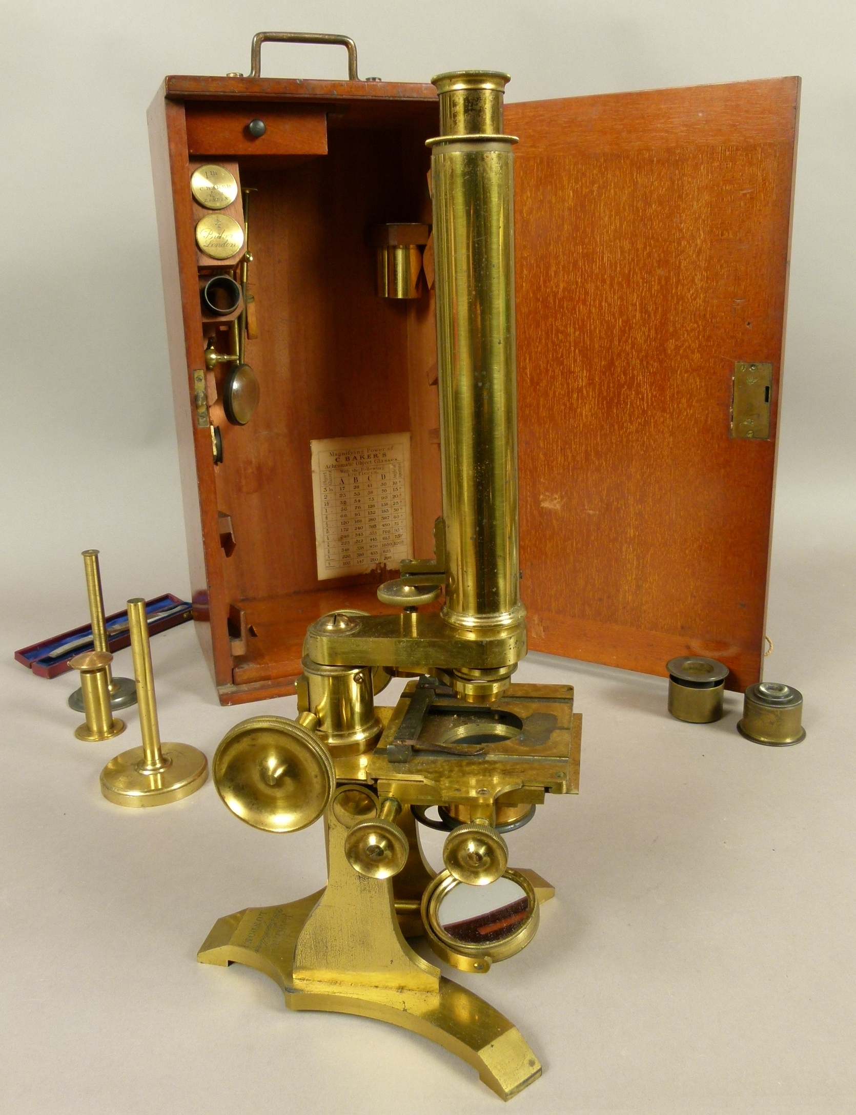 A 19TH CENTURY BRASS MICROSCOPE BY C. BAKER OF LONDON, complete with ...