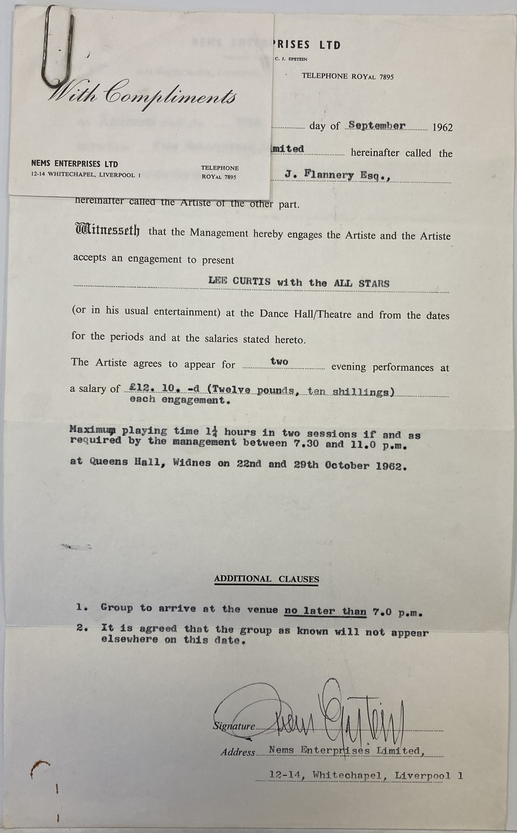 THE BEATLES - BRIAN EPSTEIN SIGNED 1962 CONTRACT. An original NEMS ...