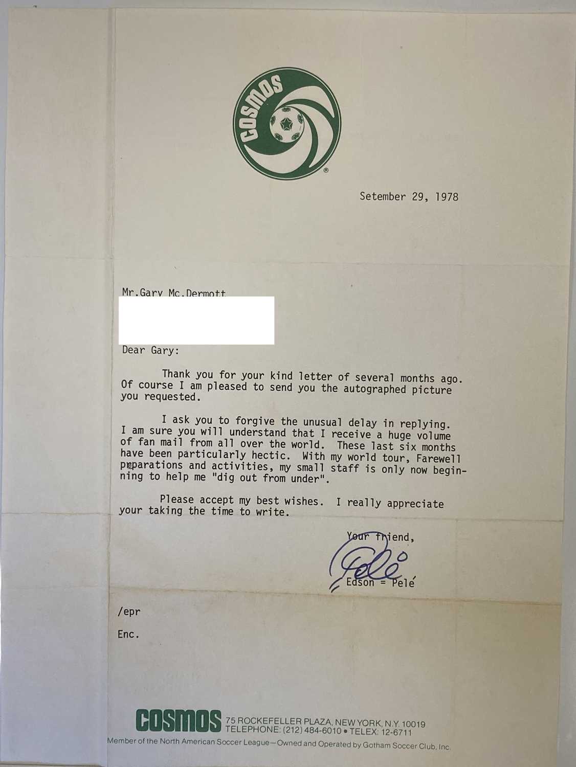 SPORTING AUTOGRAPHS - FOOTBALL STARS - PELE. A typed letter on New York ...