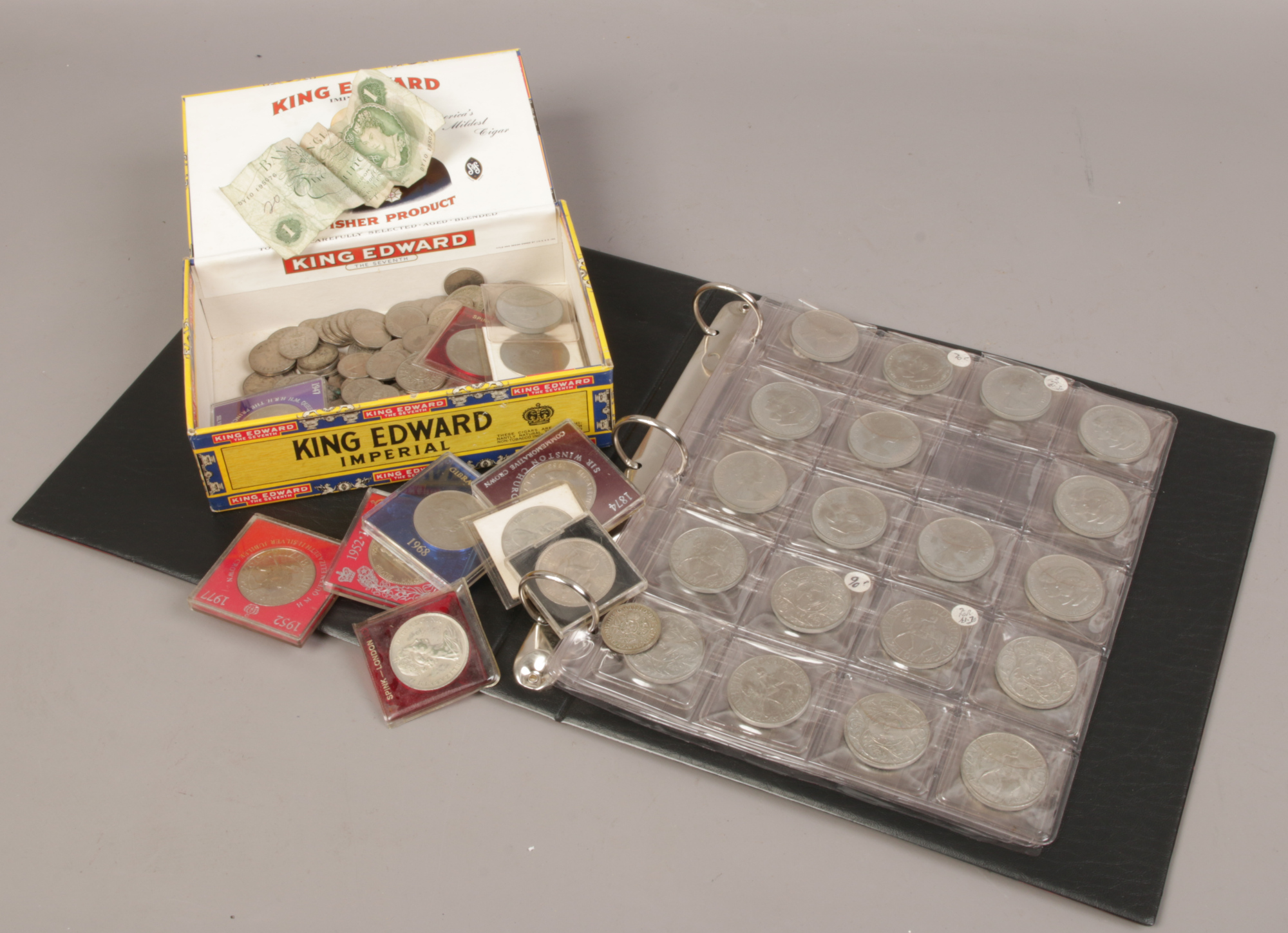 A box and album of British pre-decimal coins to include commemorative ...