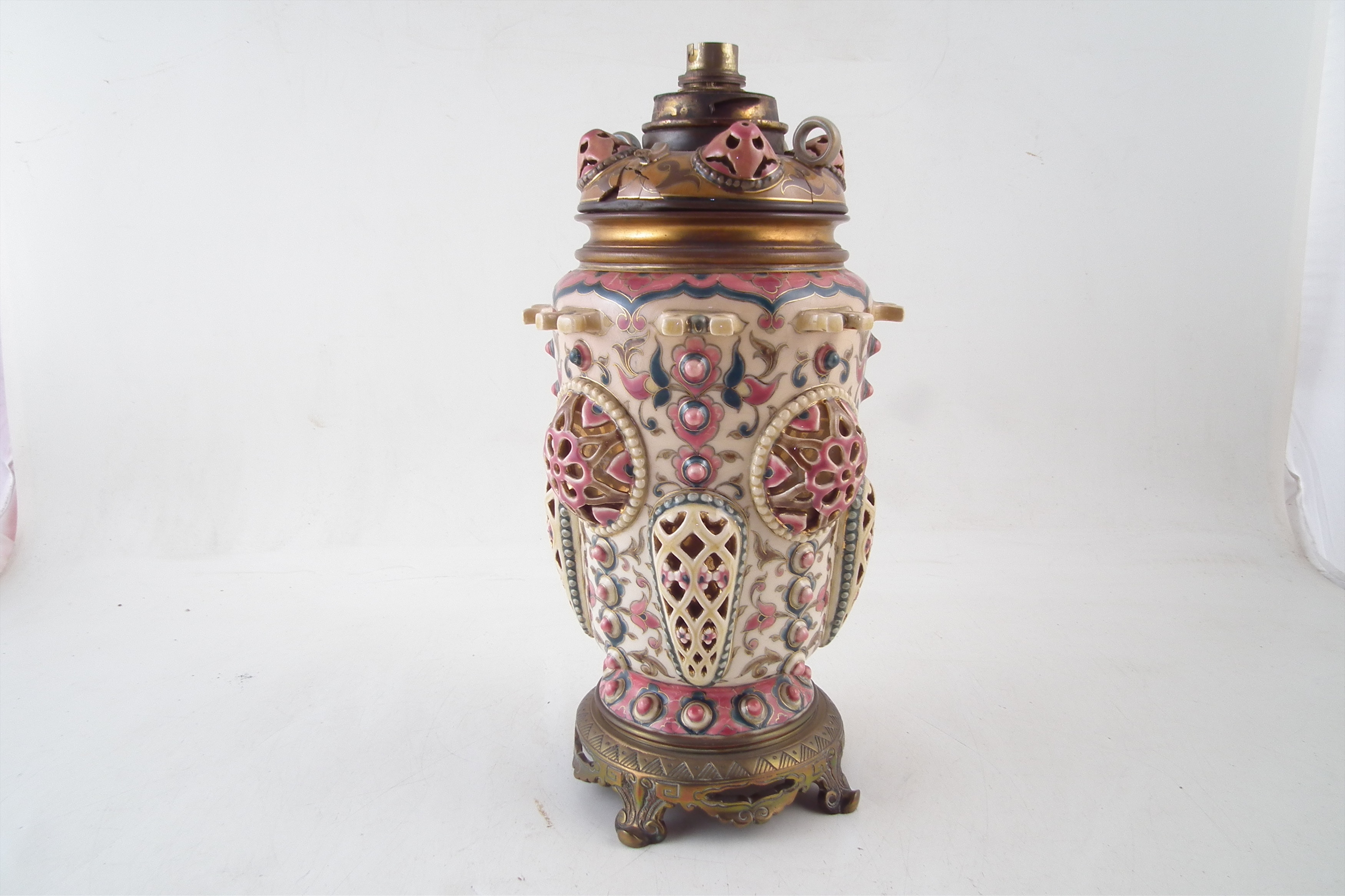 Zsolnay Pecs oil lamp, reticulated body decorated in gilt, turquiose ...
