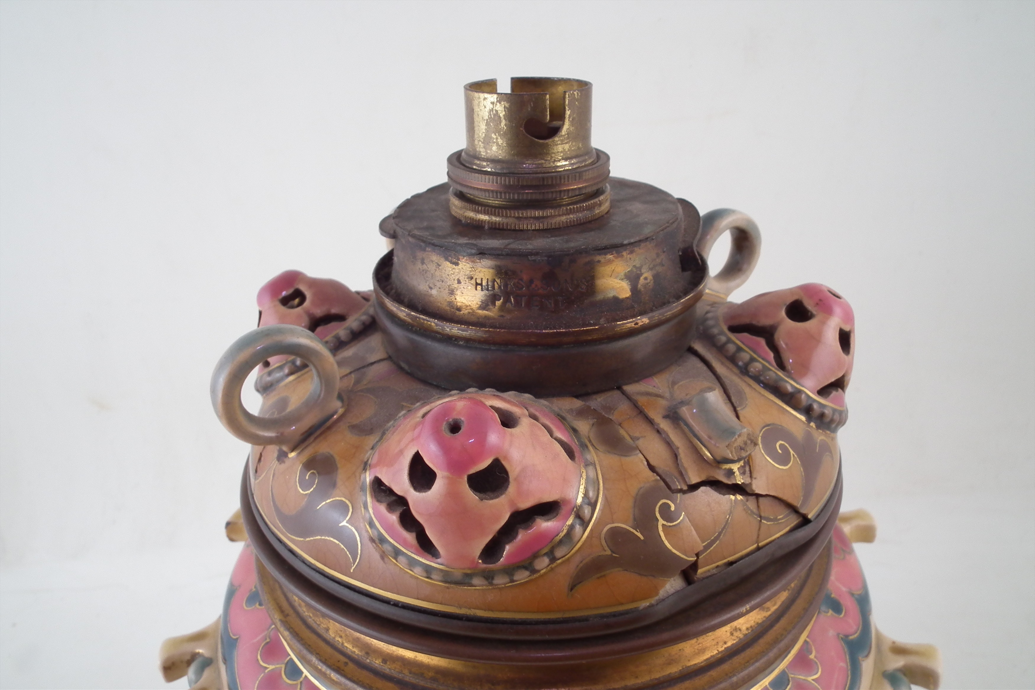 Zsolnay Pecs oil lamp, reticulated body decorated in gilt, turquiose ...