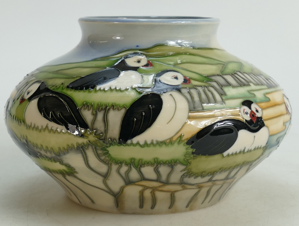 Moorcroft Puffins squat Vase: Height 12cm, boxed.