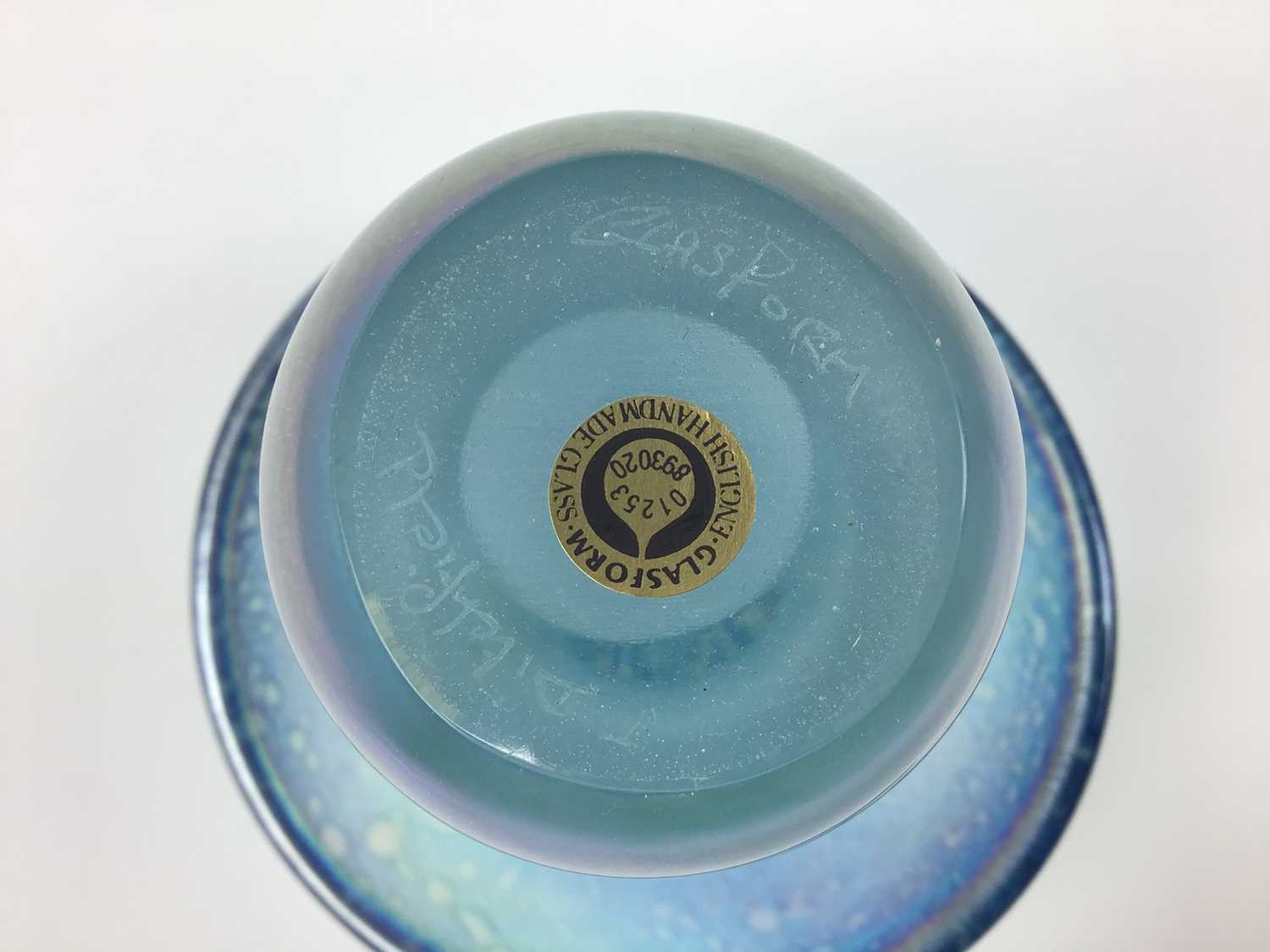 John Ditchfield Glasform iridescent blue toadstool paperweight with ...