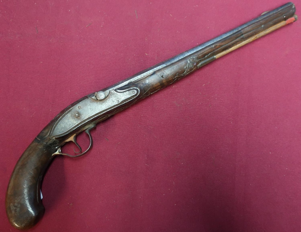 Late 18th C flintlock conversion percussion cap drum and nipple pistol ...
