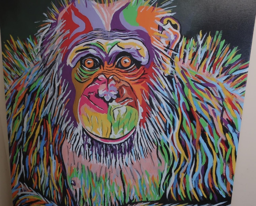 Steven Brown, multicoloured head and shoulder portrait of a chimpanzee ...
