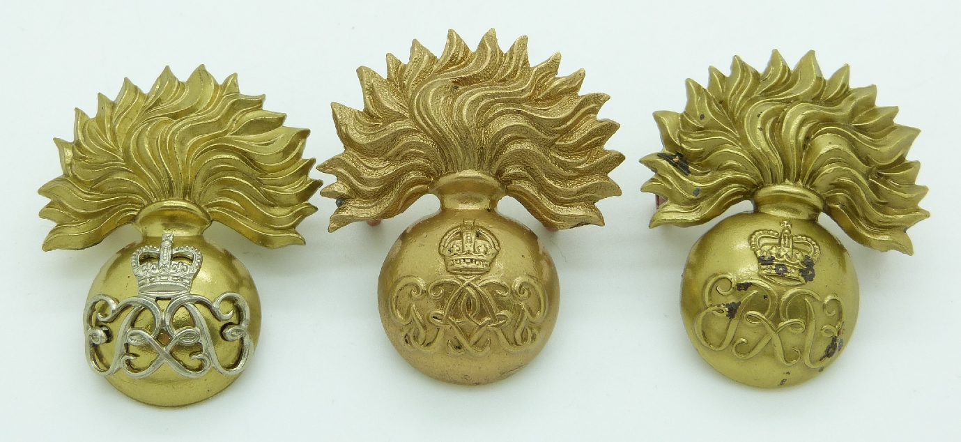 Three British Army Grenadier Guards NCO's metal forage cap badges, two ...