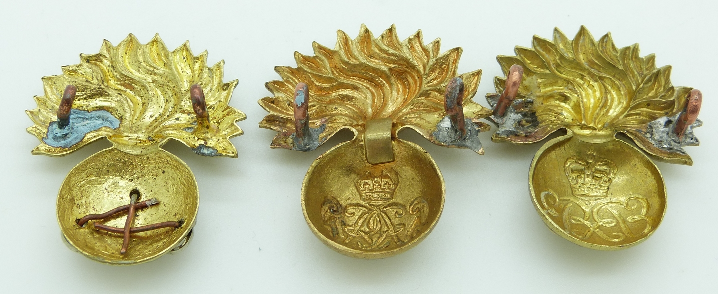 Three British Army Grenadier Guards NCO's metal forage cap badges, two ...