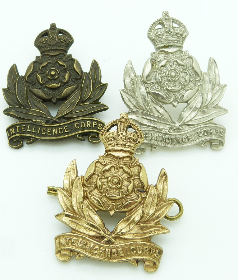 Seven British Army Intelligence Corps metal cap badges including a ...