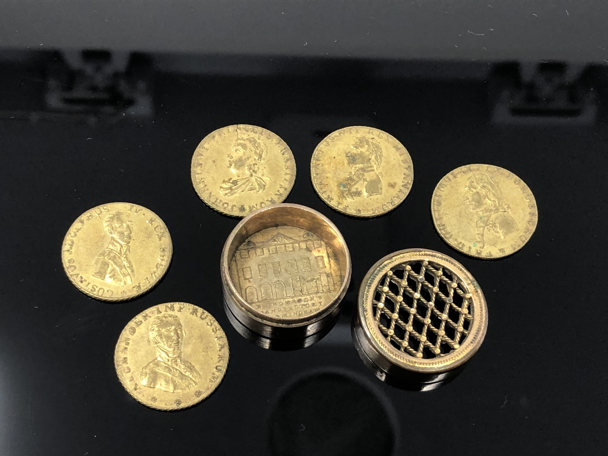 A rare set of Georgian brass tokens in original gilded box by E ...