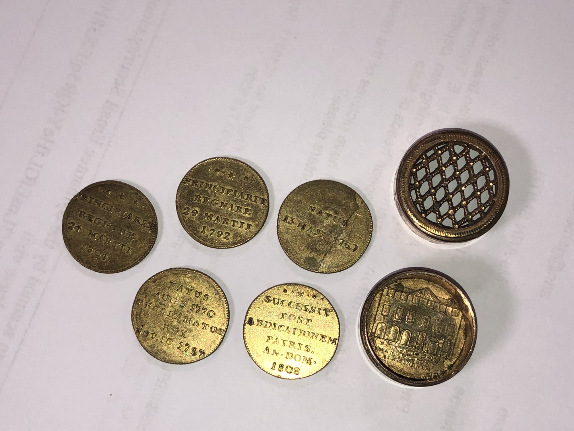 A rare set of Georgian brass tokens in original gilded box by E ...
