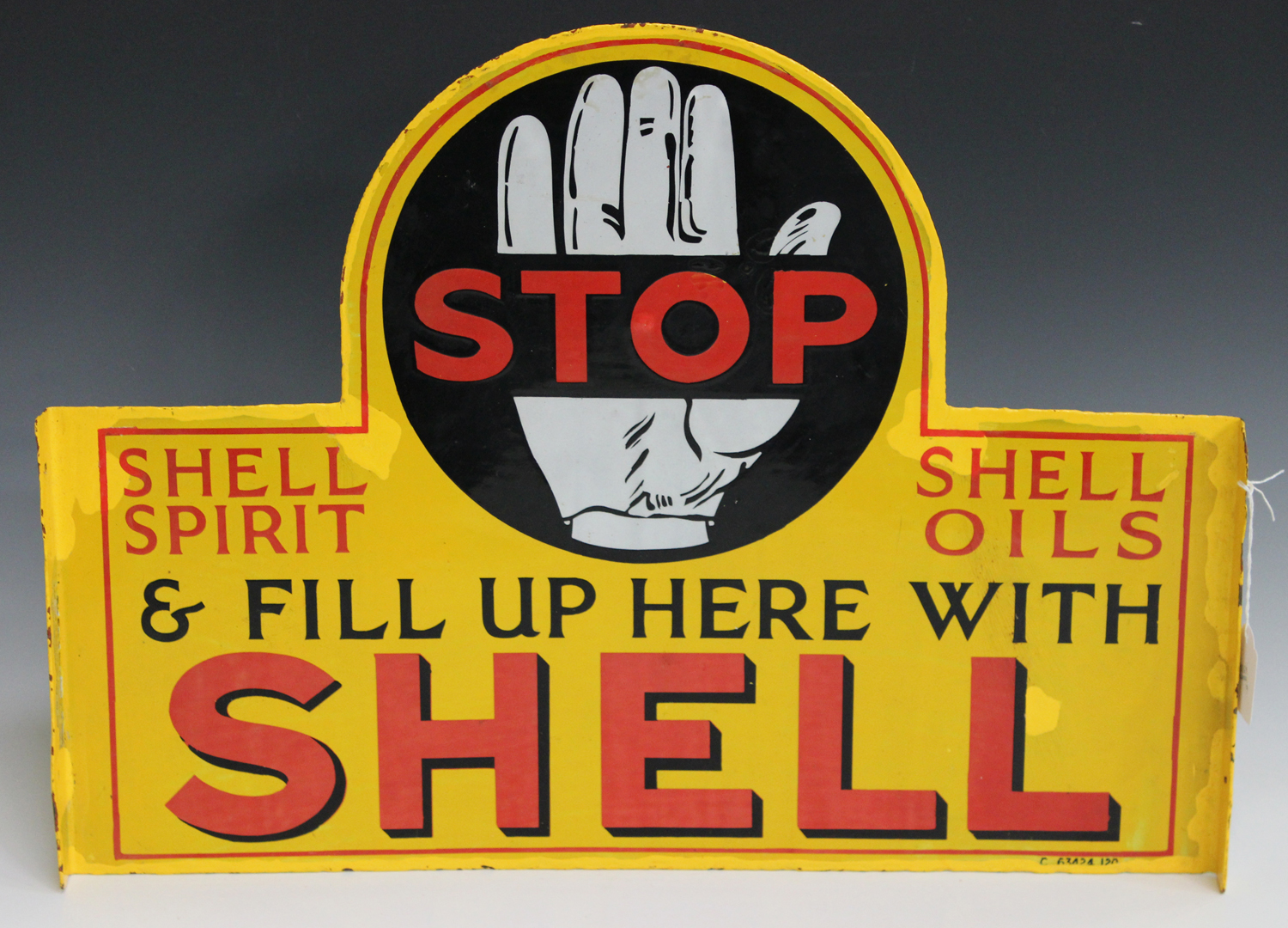 A rare 'Shell Stop & Fill Up Here' double-sided enamel advertising sign ...