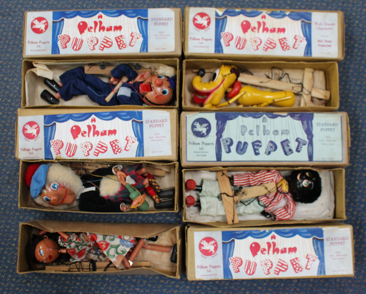 Twelve Pelham Puppets, comprising Skeleton, Golly, Wolf, Policeman ...