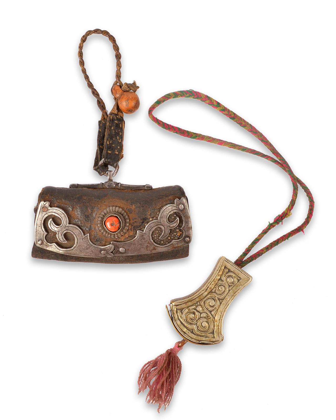 λA Tibetan fire striker pouch chakmak leather, steel, wood and a coral ...