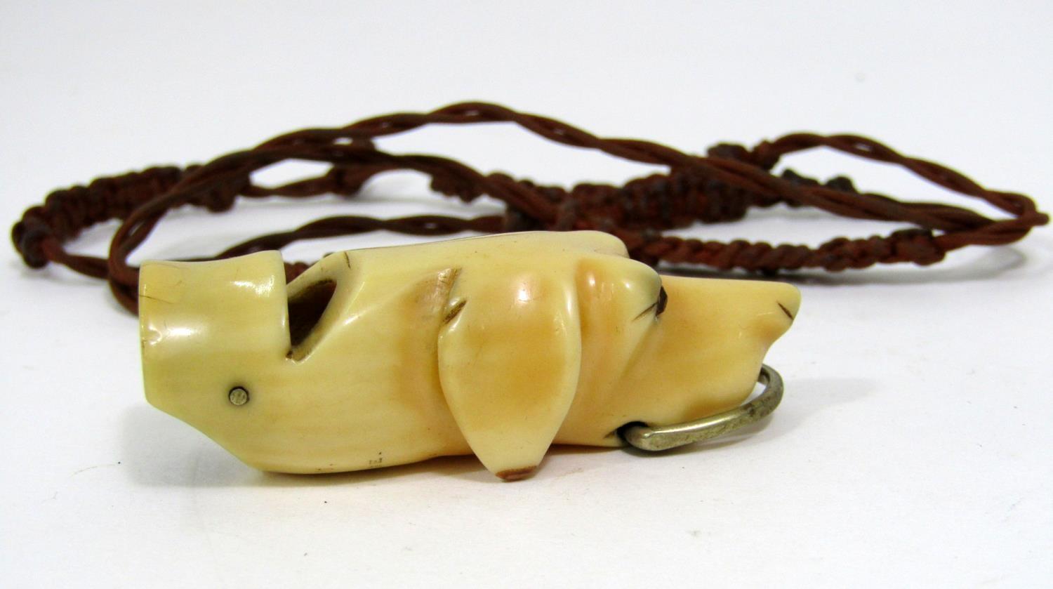 19th century ivory dog whistle in the form of a dogs head engraved D ...